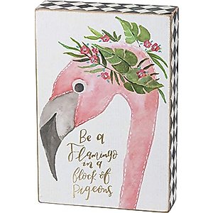 Primitives by Kathy 39737 Checkered-Trimmed Watercolor Box Sign, Be a Flamingo in A Flock of Pigeons