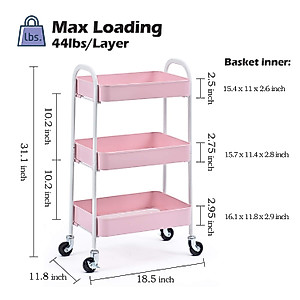 TOOLF 3 Tier Rolling Cart, No Screw Metal Utility Cart, Easy Assemble Utility Serving Cart, Sturdy Storage Trolley with Handles, Locking Wheels, for Classroom Office Home Bedroom Bathroom, Pink