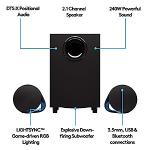 Logitech G560 PC Gaming Speaker System with 7.1 DTS:X Ultra Surround Sound, Game based LIGHTSYNC RGB, Two Speakers and Subwoofer, Immersive Gaming Experience - Black