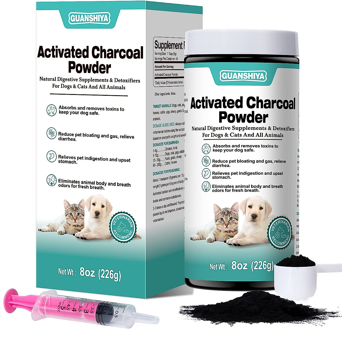 Guanshiya Activated Charcoal for Dogs, Cats, and All Pets, 8oz(Powder), Activated Charcoal Powder for Poisonings, Digestive Upset, and Diarrhea, Eliminates Odors, Non-GMO, Gluten Free