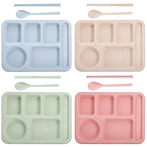 TOPZEA 4 Pack Unbreakable Divided Plates, 6 Compartments Wheat Straw Section Plates Plastic Dinner Plate Sets for Adults, School Lunch Trays, Microwave & Dishwasher Safe,14"x10.5"