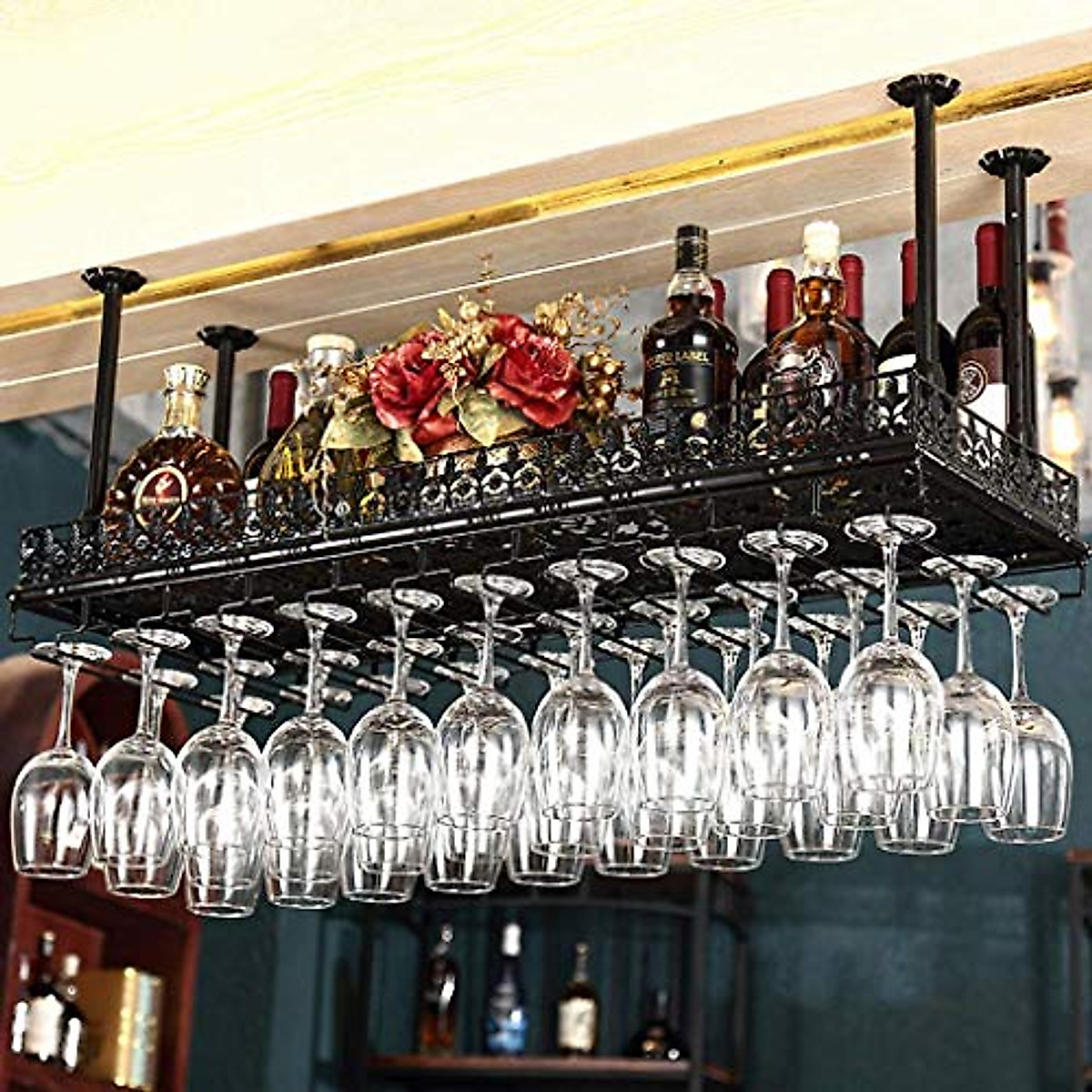 FIZDI Bar Unit Floating Shelves Wall Mounted Hanging Wine Glass Holder Wall Shelf Storage Organizer Rack Rustic Wine Holder Industrial Home Decor Design/Black/120X35Cm