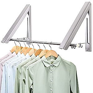 LIVEHITOP Wall Mounted Clothes Rack 2 Pcs, Folding Coat Hanger Dryer Hanging Rail Rod Wardrobe Hooks for Bathroom Balcony RV Indoor Outdoor (Silver, Rod)