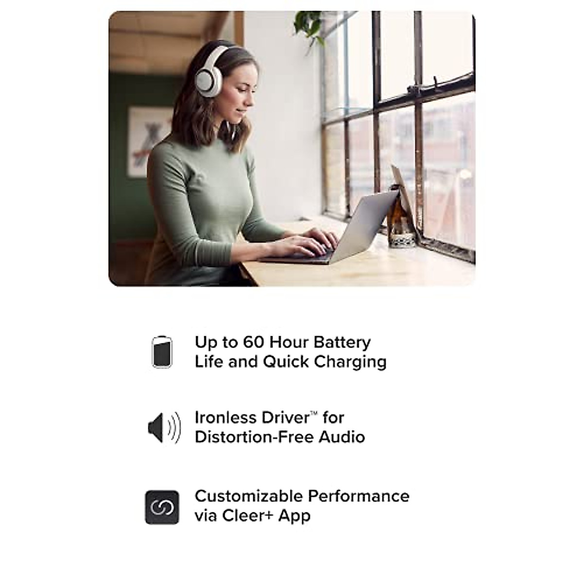 Cleer Audio, Enduro ANC Noise Cancelling Headphones, Long Lasting 60 Hour Battery, Ambient Sound Levels, Bluetooth Headphones, Smart Controls App - Dark Navy