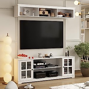 AIEGLE Entertainment Wall Unit Set with Bridge, Modern TV Stand for 70+ Inch TVs, Media Console Cabinet Glass Doors & Adjustable Shelves for Living Room Storage, White 68.1" W