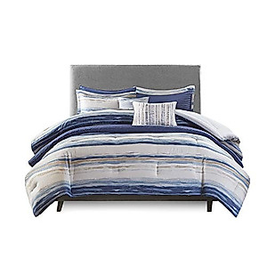 Madison Park Marina Comforter Quilt Combo Set - Modern Luxury Design, All Season Down Alternative Bedding, Matching Shams, Decorative Pillows, King/Cal King(104"x92") Seersucker Blue 8 Piece