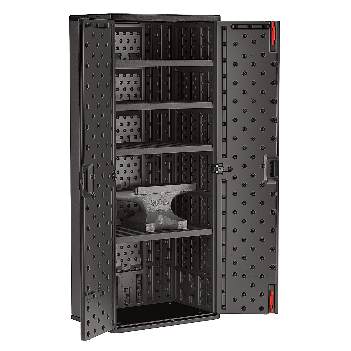 Suncast Commercial 19 Cubic Ft. Heavy-Duty Resin Cabinet with 4 Shelves + Suncast 33 Gallon Hideaway Can Resin Outdoor Trash