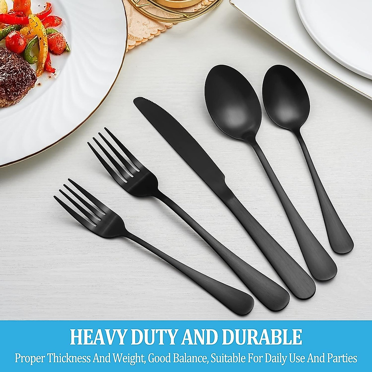 30 Piece Silverware Set Service for 6,Premium Stainless Steel Flatware Set, Mirror Polished Cutlery Utensil Set, Durable Home Kitchen Eating Tableware Set, Include Fork Knife Spoon Set (Black)