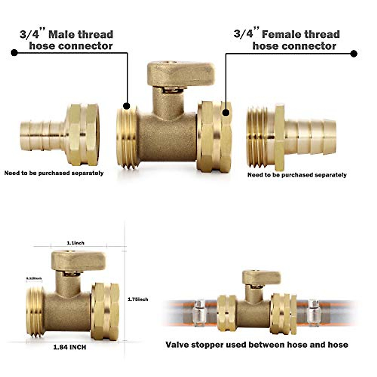 YELUN Garden hose shut off Valve- 3/4”Heavy Duty Brass Shut Off Valve Hose ball Valve Garden Hose Connector 2 Set