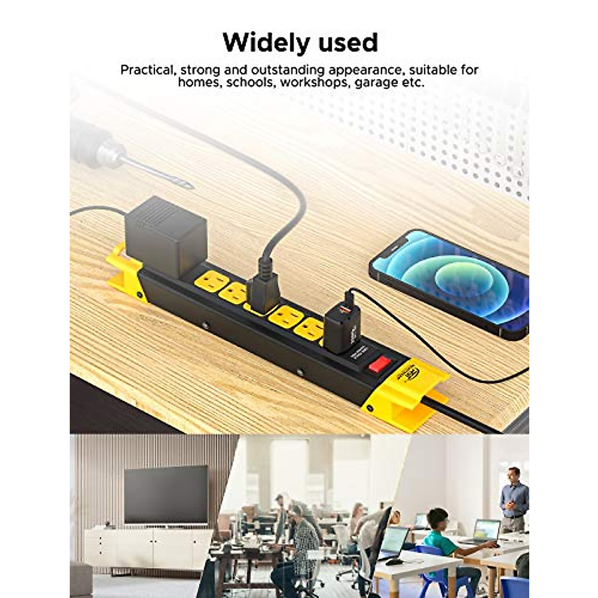 CRST 7-Outlet Heavy Duty Surge Protector Power Strip with Flat Plug, 9 feet Long Extension Cord for Home Garage Industrial Workshop, 1350 Joules, 15A Circuit Breaker