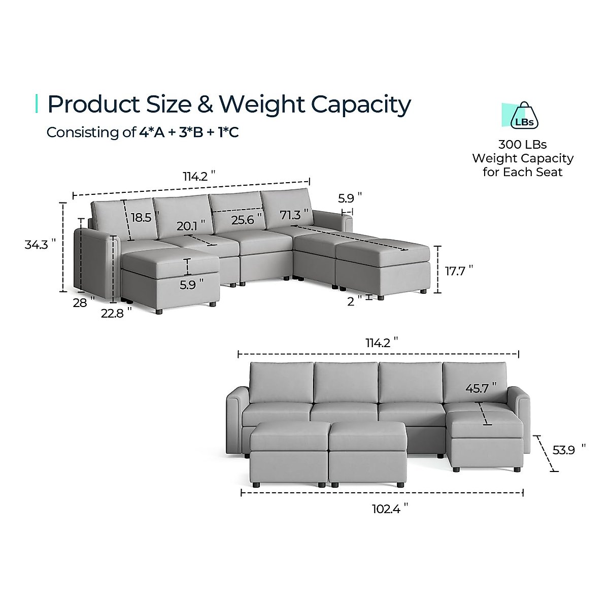 LINSY Home Modular Sectional Sofa, Convertible U Shaped Sofa Couch with Storage, Memory Foam, Modular Sectionals with Ottomans, 7 Seat Oversized Sofa Couch with Chaise for Living Room, Grey
