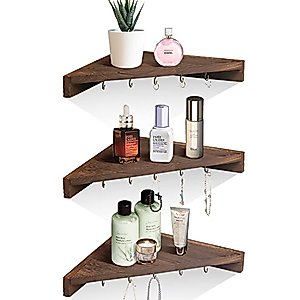 Wood Corner Floating Shelves Wall-Mounted - Set of 3 Corner Shelves with Hooks, Rustic Wall Storage Display Shelf for Bathroom, Floating Shelves for Bedroom, Kitchen, Office, Brown