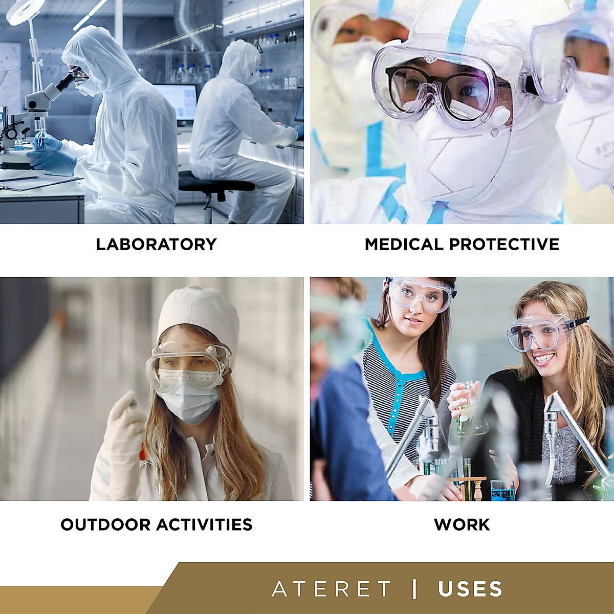 ATERET 1 Pack Safety Goggles, Lightweight Adjustable Clear Lens Eyewear, Chemical Splash Safety Glasses