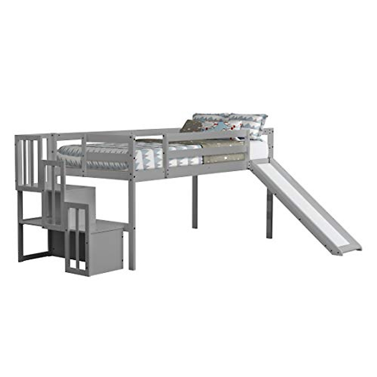 HomSof Twin Loft Bed with Slide Staircase Storage,Full-Length Safety Guardrails for Junior Boys Girls,No Box Spring Needed,Grey