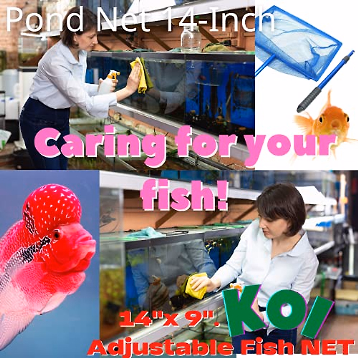 14"x 9" Koi Adjustable Fish NET Handle 30~54cm Aluminum Fishing Pond Aquarium