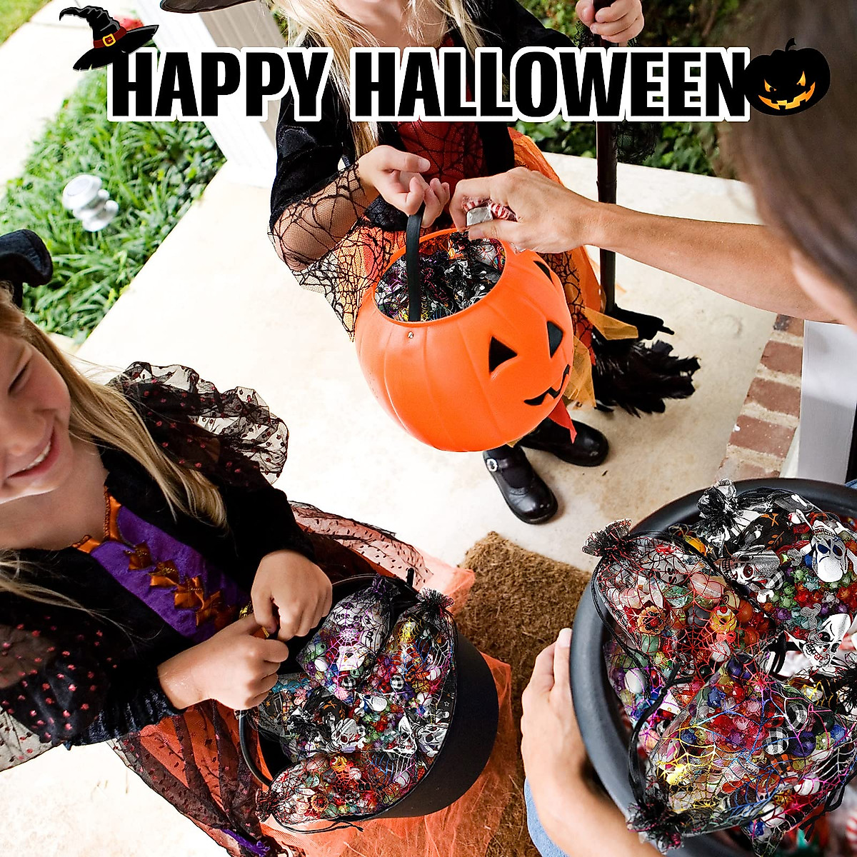 Chumia 270 Pcs Halloween Organza Bags Spider Web Skull Print Treat Bags with Drawstring Sheer Candy Gift Bags for Halloween Party Favors Supplies (4 x 6 Inch)