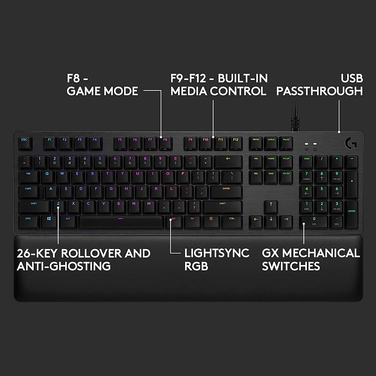 Logitech G513 Carbon LIGHTSYNC RGB Mechanical Gaming Keyboard with GX Brown Switches, Memory Foam, USB Pass-Through Port, Aircraft-Grade 5052 Aluminum Top Case - Tactile (Renewed)