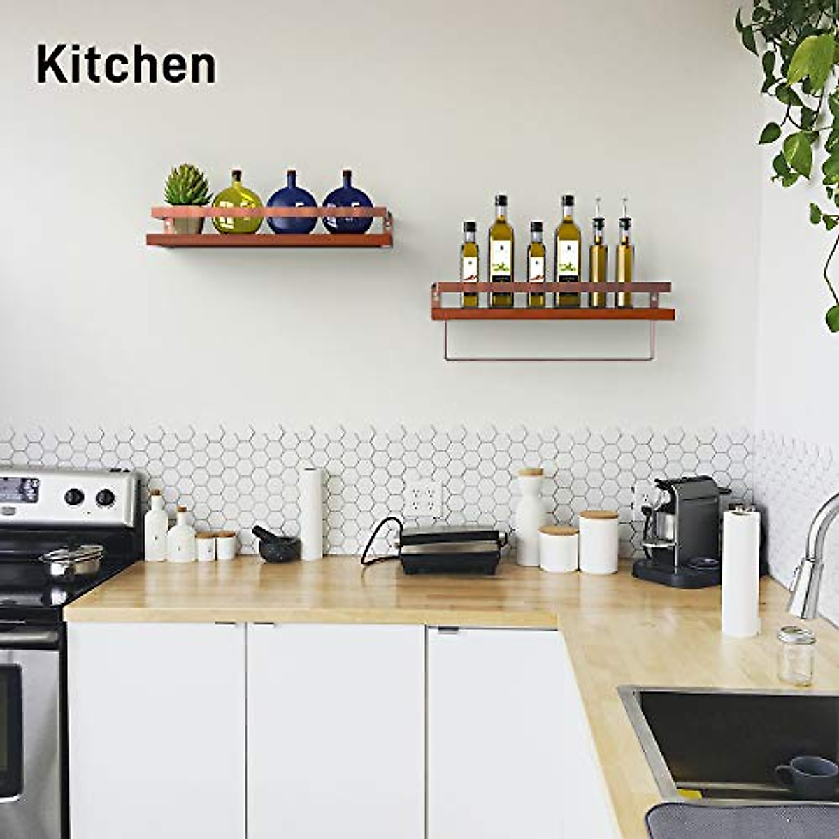 Vdomus Floating Shelves Made of Wood Material 2 Pack, Brown Floating Bathroom Shelves Wall Mounted with Towel Bar for Kitchen