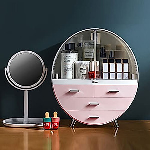 Ihuiniya Makeup Storage Organizer Box，Cosmetics storage display rack with drawer，Waterproof, dustproof, elegant display cabinet，Suitable for bathroom countertop, bedroom dresser (Large Pink)