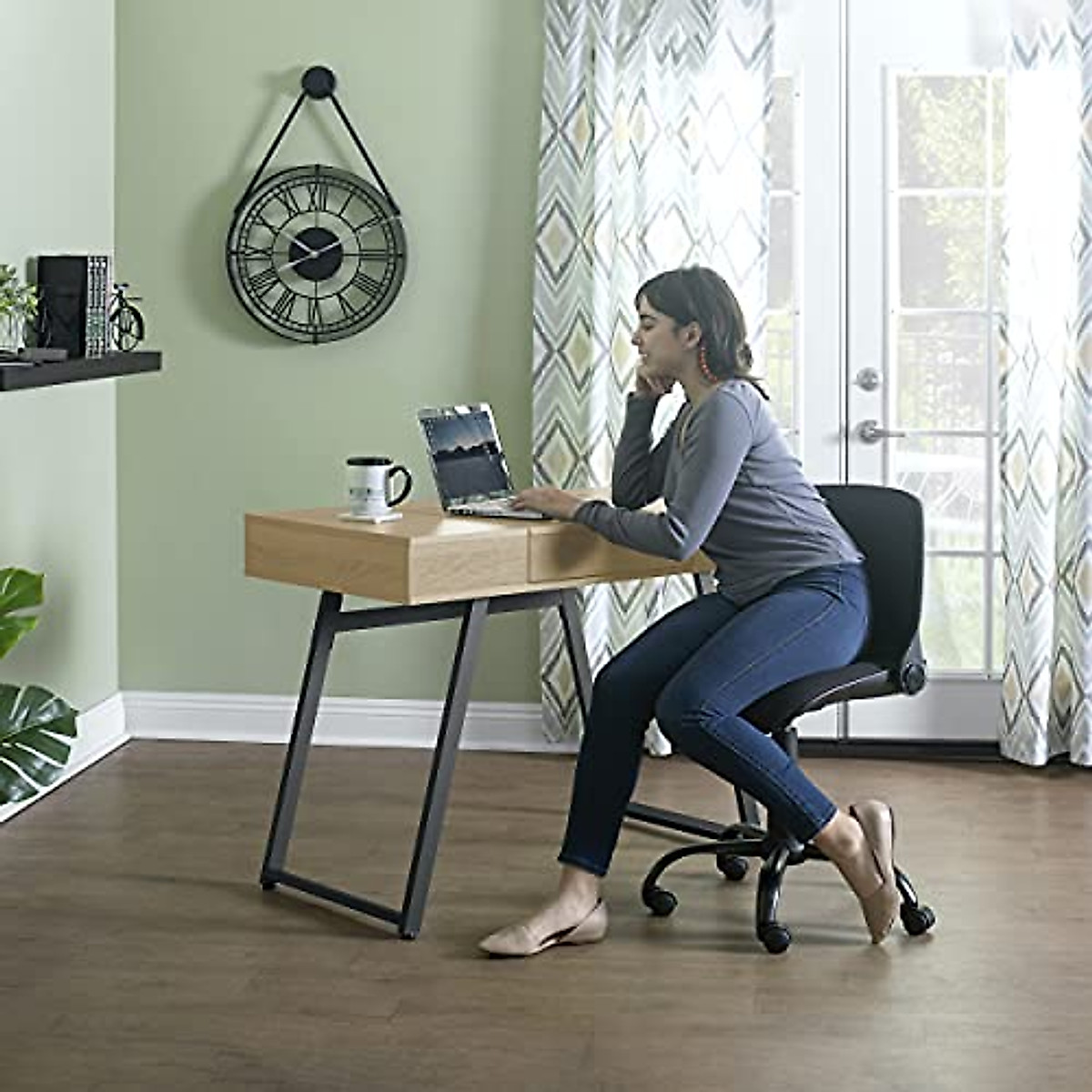 Calico Designs Rockdale Modern Office Writing Laptop Desk with Multiple Storage Compartments, Cord Management and Charging Station, Black/Honey Maple