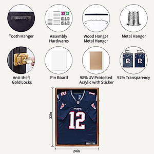 Jersey Frame Display Case - Solid Oak Wood Frame Shadow Boxes for Jersey Display Lockable with UV Protection Acrylic and 2 Hangers for Baseball Basketball Football Hockey Shirt, Walnut