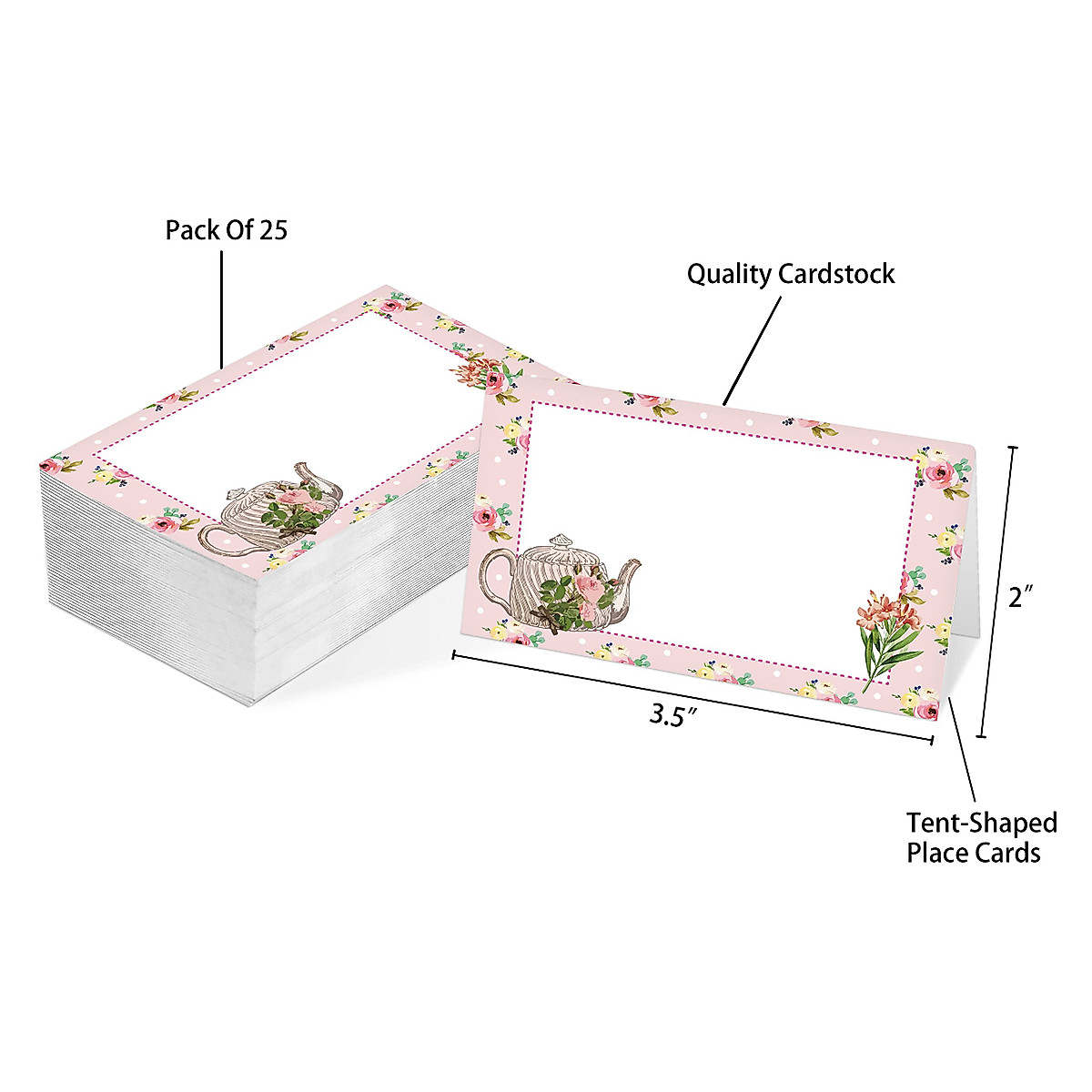 Table Place Card, Tea Party Themed Tent Style Cards, Pack of 25 Half-Fold Reception Place Card, Perfect for Bride Shower, Birthday Party, Banquet and Special Events C25