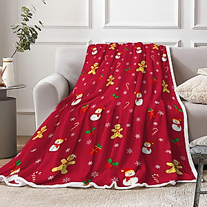 Christmas Gingerbread Blanket, Red Xmas Snowman Snowflake Gingerbread Cherry Throw Blanket, for Boys Girls Lightweight Soft Plush Blankets Couch Sofa Bed Blanket 50"X60"in