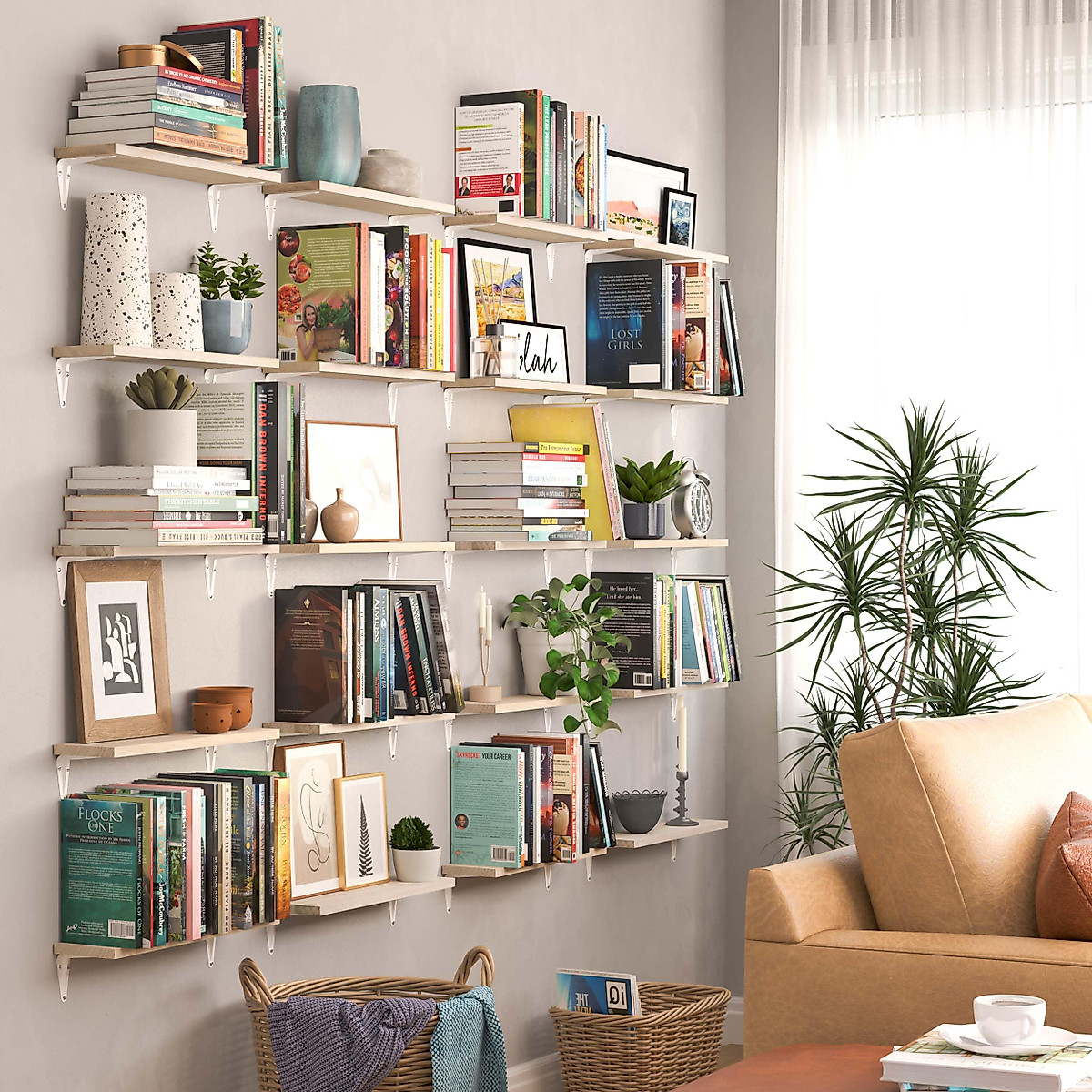 Wallniture Arras 17"x4.5" Floating Shelves for Wall, Shelves for Garage Storage, Wall Bookshelf, Pantry & Kitchen Shelving, Wall Shelves for Living Room, Natural Wood, Set of 20