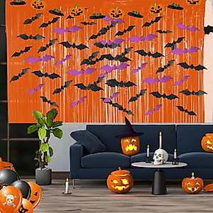 Halloween Background Photo Booth Props, 2 Packs Orange Tinsel Foil Fringe Curtains Backdrop, 3.3 x 6.6 ft Streamer with 96 Pcs Black Purple PVC Bat Stickers Decals for Party Supplies
