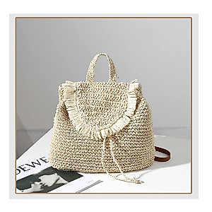 Erichman Women Fashion Straw Handmade Crochet Backpack Flap Drawstring Shoulders Bag Casual Beach Daypack (Brown,One Size)