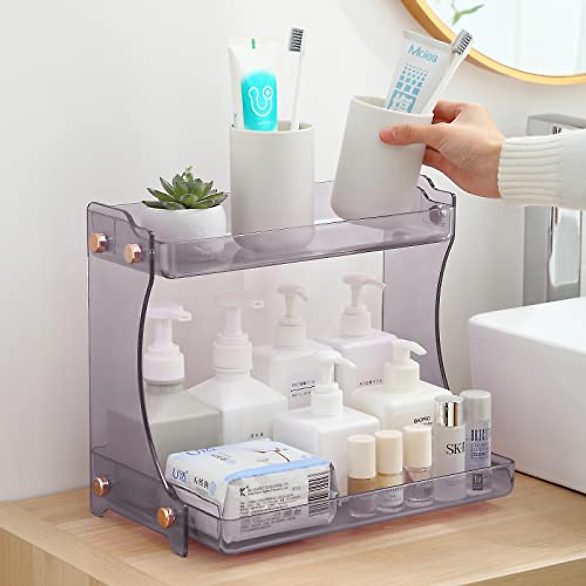 2 Layers Clear Countertop Makeup Organizer and Storage, Cosmetic Storage Tray, Vanity Trays Holder, Perfume Display Rack, Nail Polish Organizer, Assemble Easily, Hard Shell, Elegant, Gray