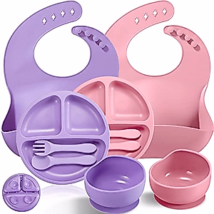 Gejoy 10 Pack Silicone Baby Feeding Set, Toddlers Led Weaning Feeding Supplies with Suction Baby Bowl Divided Plate Adjustable Bib Silicone Spoon Fork, Infant Self Eating Utensil Set (Pink, Purple)