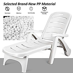 Safstar Patio Chaise Lounge Chair, Folding Lounger Chair with 2 Flexible Wheels & 5 Adjustable Positions, Plastic Lounge Recliner for Outside Poolside Beach Sunbathing, Assembly-Free (1, White)