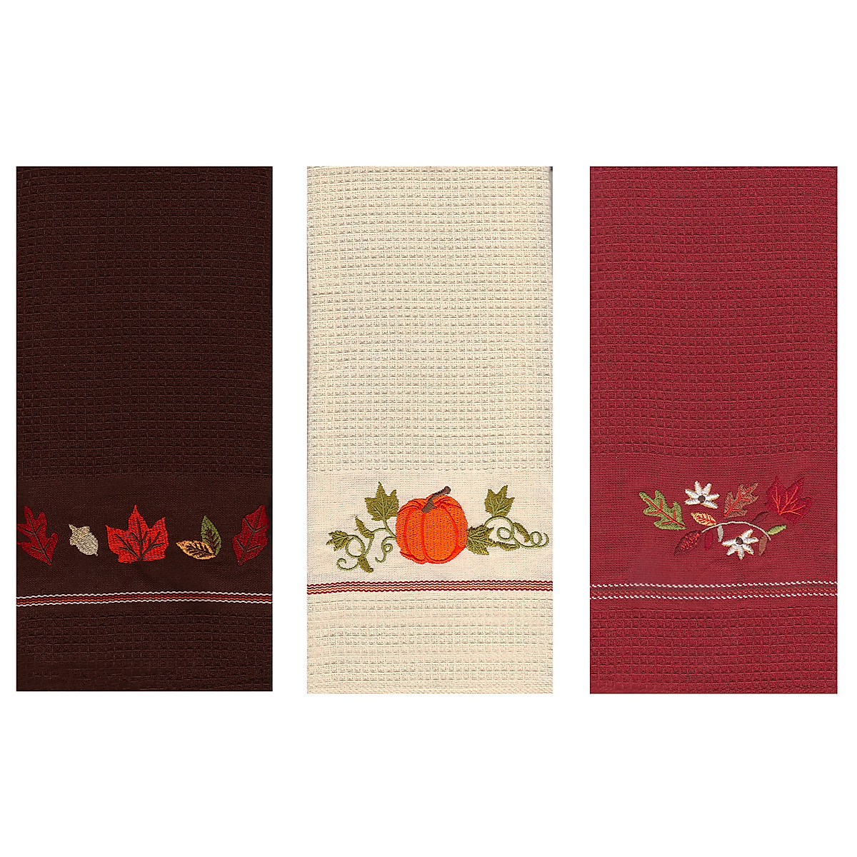 Fall Kitchen Towels Set of 3, Waffle Style with Embroidered Autumn Leaves and Pumpkins, Burgundy, Cream, and Brown Dishtowels with Hanging Loops, 16 x 26 Inches, Cotton Construction