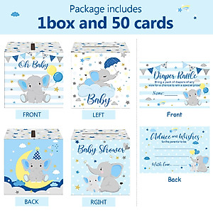Yisong 50 Blue Elephant Diaper Raffle Tickets with Box for Baby Shower Invitations Baby Boy Elephant Themed Double Sided Card Baby Shower Birthday Decorations Gender Neutral Tickets Insert Card