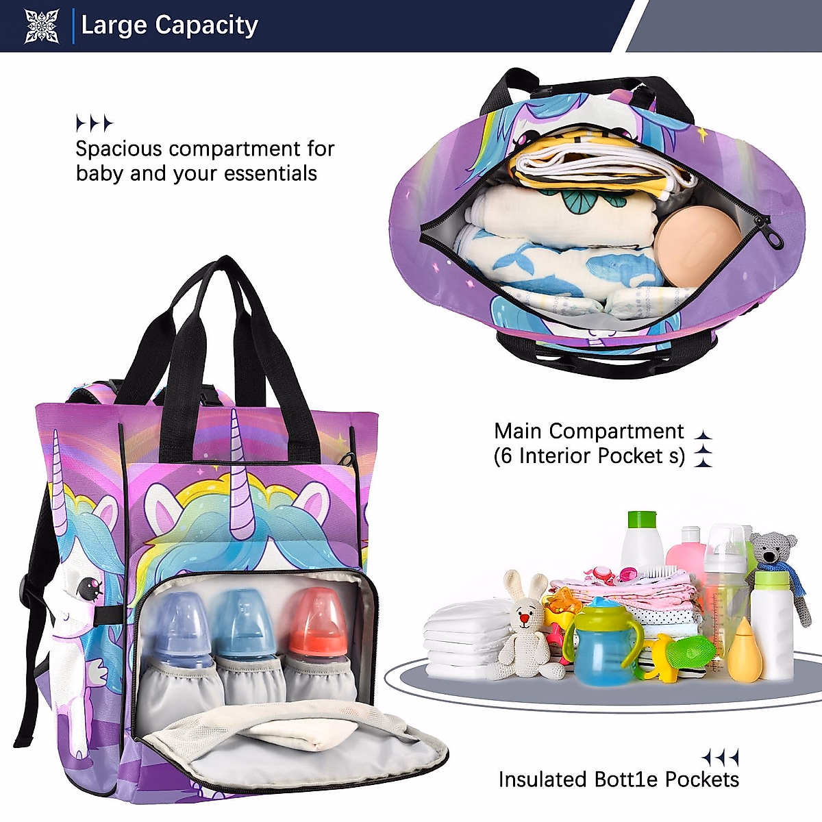 xigua Cute Unicorn Diaper Bag Backpack Multi Function Baby Changing Bags Waterproof Large Capacity Travel Back Pack for Mom Dad