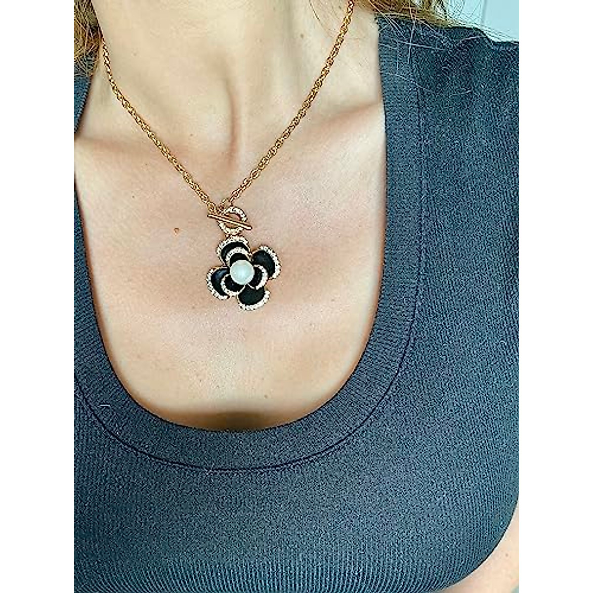 Fashion Jewelry designer statement enamel rhinestone camellia flower faux pearl charm pendant necklace for women (Black)