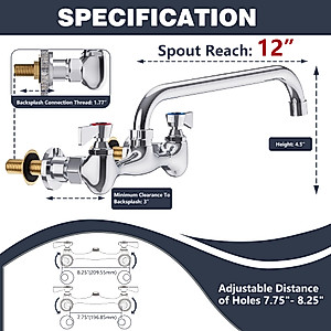 GIMILI Wall Mount Commercial Sink Faucet with 12” Swivel Spout Polish Chrome Brass Utility Sink Faucet for Kitchen Laundry Restaurant Industrial Compartment Sink（Include 90 Degree Adapters）