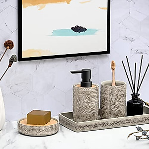Grey Bathroom Accessories Set, Includes Ceramic Bathroom Soap Dispenser, Toothbrush Holder, Soap Dish and Concete Tray