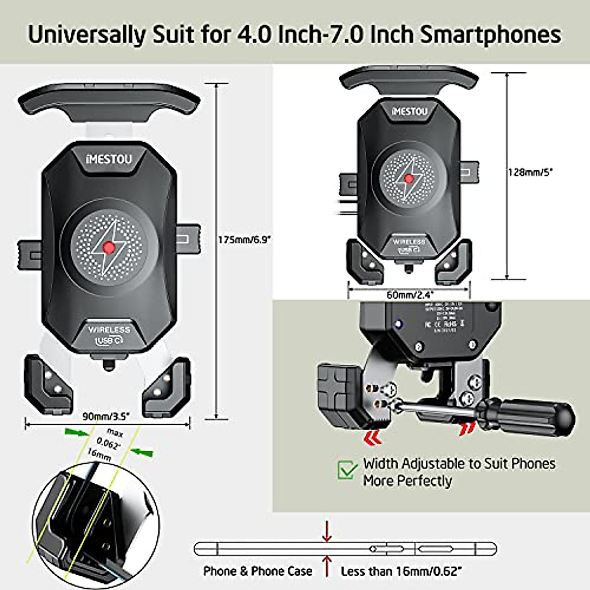 iMESTOU Anti-Theft Motorcycle Wireless Phone Mount Charger 15W & USB C 3A Handlebar 1" Ball Stem Phone Holder Works with 12V/24V Vehicle/USB Socket 720 Rotation Quick Charge for 4.0-7.0" Cellphones
