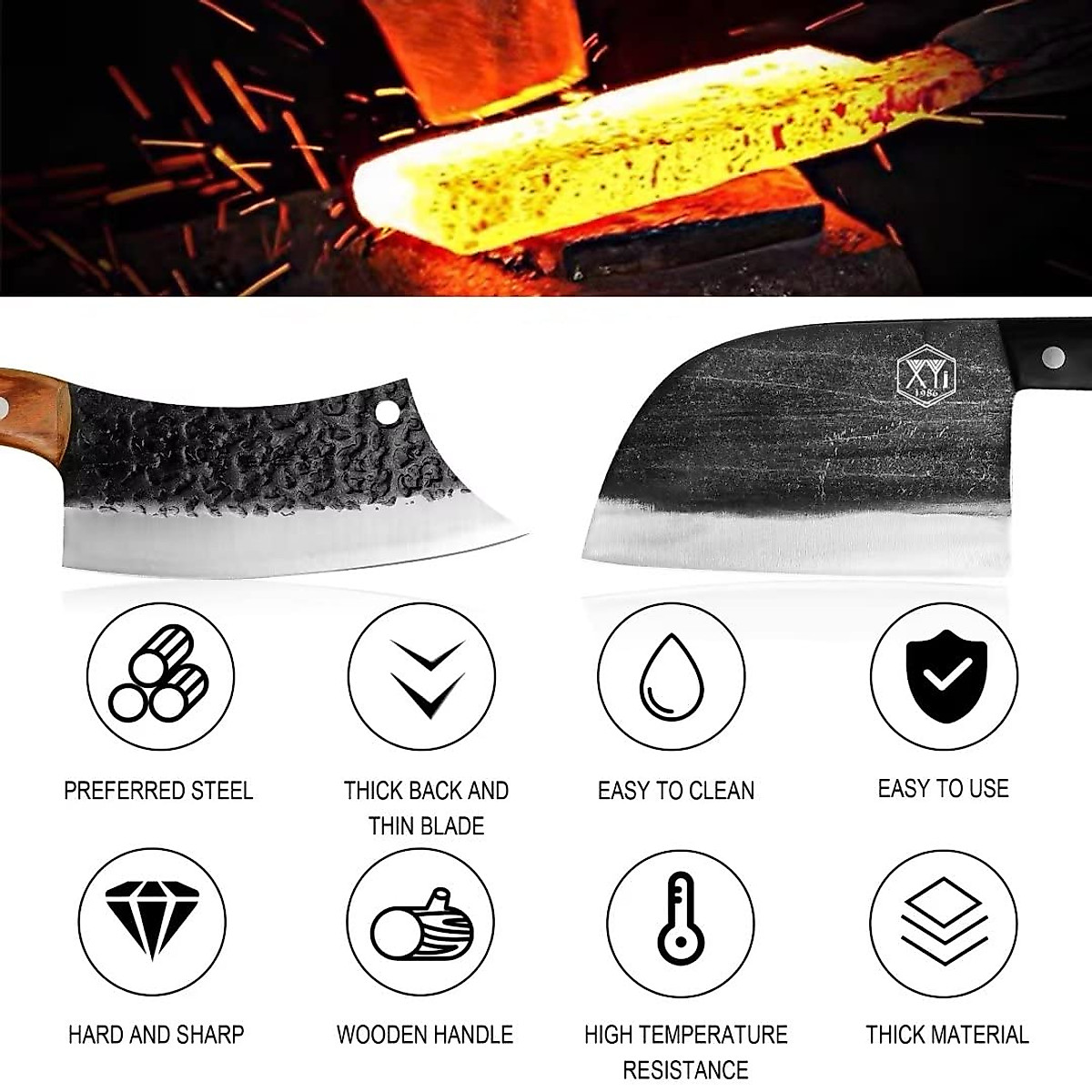 XYJ Full Tang Handmade Forged Serbian Chef Knife 6.7 Inch Butcher Knives 6.2 inch Boning Knife for Camping Hunting with Leather Sleeves