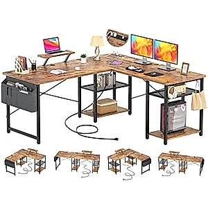 Aheaplus L Shaped Desk with Outlet and USB Charging Port, L-Shaped Desk with Storage Shelves Reversible Corner Computer Desk 2 Person Long Table with Monitor Stand Gaming Home Office Desk,Rustic Brown