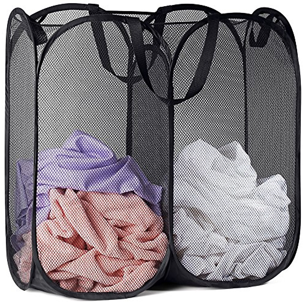 Mesh Popup Laundry Hamper - Two Compartments, Collapsible for Storage and Easy to Open. Folding Pop-Up Clothes Hampers are Great for The Kids Room, College Dorm or Travel. (Black)