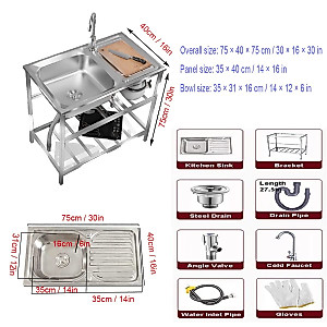 QHDPKU Freestanding Single Bowl Sink Commercial Restaurant Stainless Steel Sinks W/Workbench & Storage Shelves, Outdoor Kitchen Sink for Patio, Garden, Outdoor, 30 X 16 X 30 in