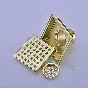 Square Shower Drain 4 inch, Nicmondo Floor Waste Drain Point Center with Removable Grate Cover, 304 Stainless Steel, 11cm x 11cm, PVD Brushed Gold