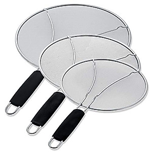 U.S. Kitchen Supply 13", 11.5", 9.5" Stainless Steel Fine Mesh Splatter Screen with Resting Feet Set, Black Handles