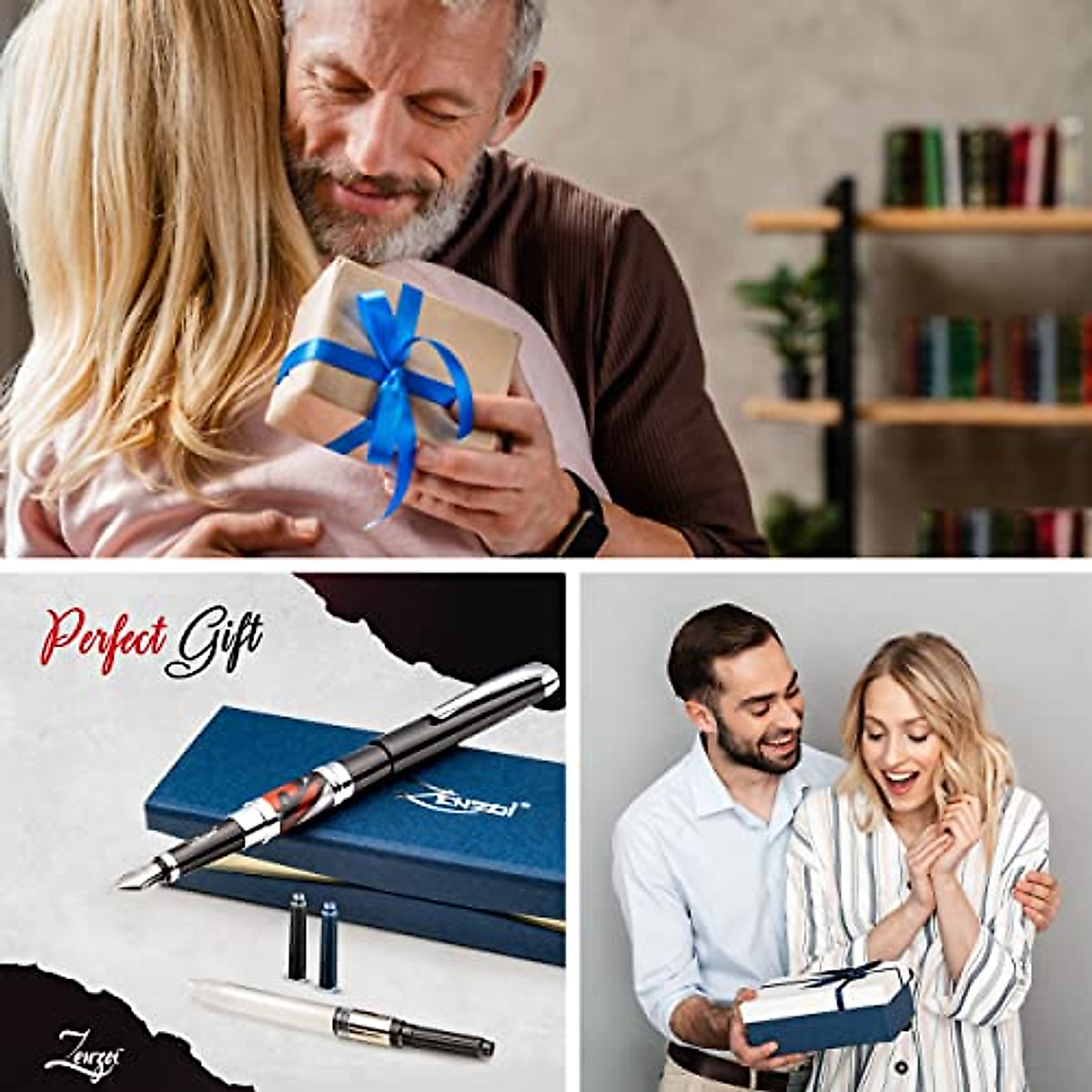 ZenZoi Black Fountain Pen Fine Nib - Beautiful Luxury Pen For Men Or Women With German Schmidt Nib, Converter, 2 Ink Refills (Blue & Black) & Pen Gift Box. Nice, Executive Pens For Smooth Writing