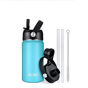GLINK 12oz Kids Stainless Steel Water Bottle with Straw, Wide Mouth Double Wall Vacuum Insulated Water Bottle Leakproof for Toddler, Straw Lid and Spout Lid with New Rotating Rubber - Turquoise