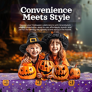 Grandipity Halloween Tablecloth Rectangle (3 Pk) Pumpkin Tablecloth (54in x 108in) Purple Plastic Disposable Tablecloths