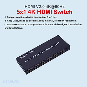 HDMI Switch Box 5 in 1 out- HBAVLINK 5 Port HDMI Switcher with Remote Video Switch Selector Hub for TV, Support HDMI 2.0 4K 60Hz 1080P 720P ARC CEC HDCP HDR for Roku Apple TV PS4 Xbox Blu ray Player